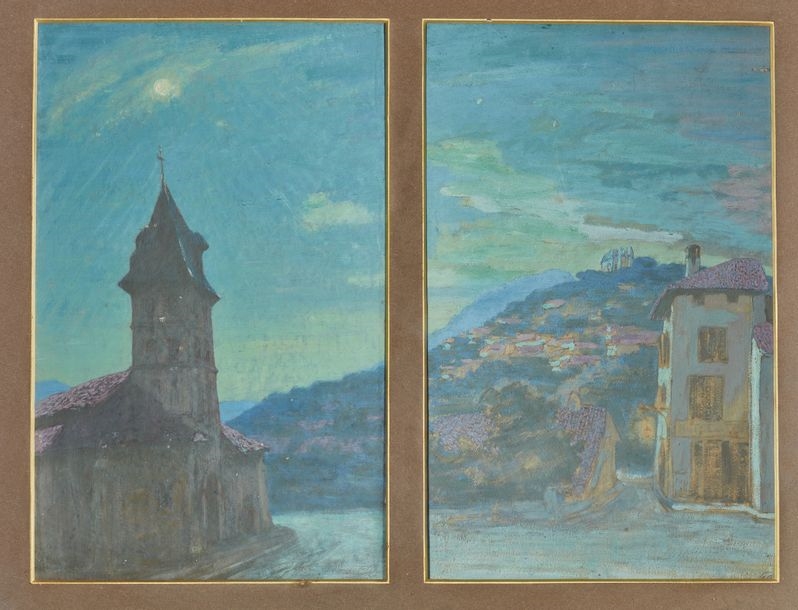 Charles Philippe Blache | Bell tower and village inn in the moonlight ...