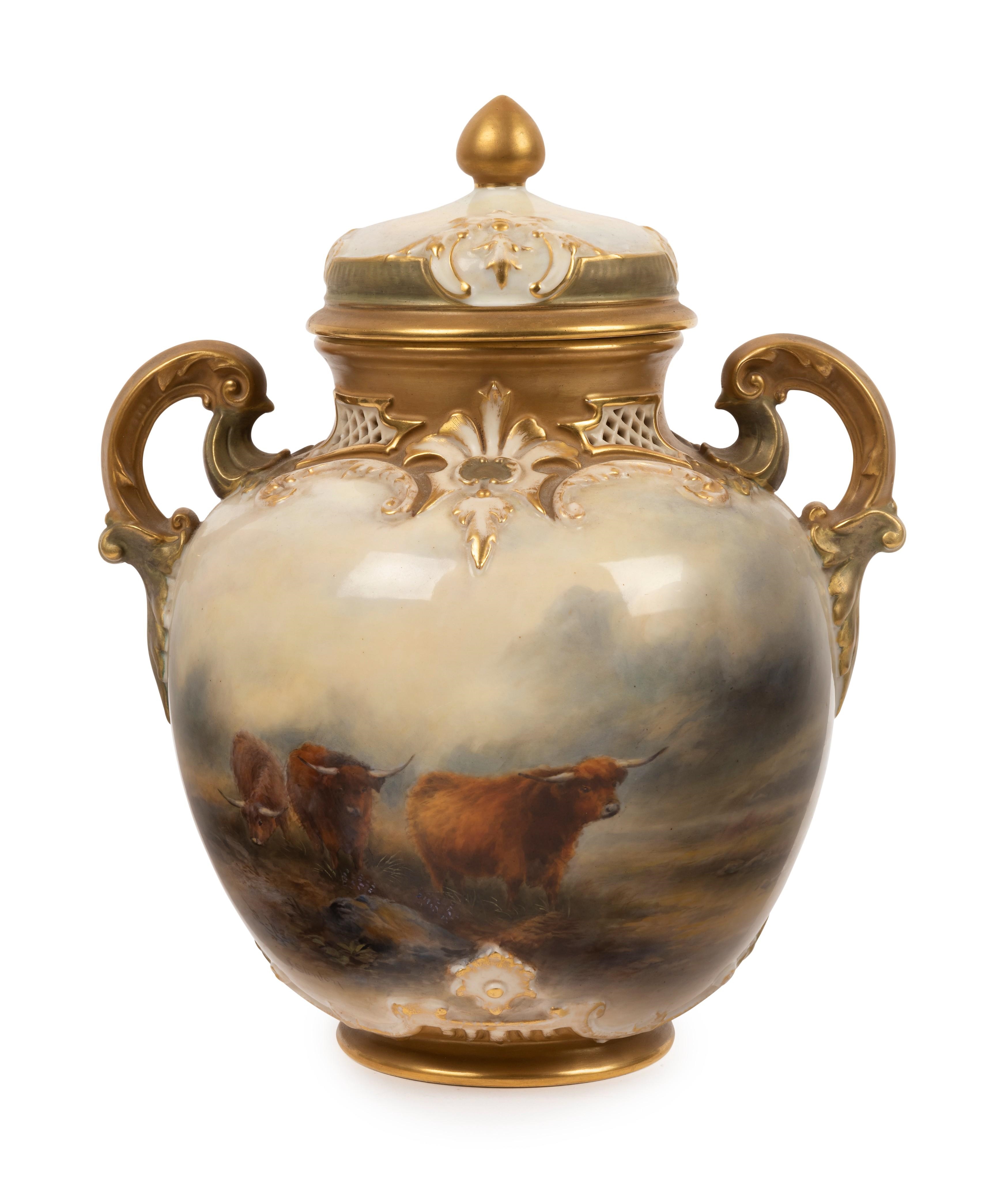 John Stinton | A Royal Worcester scroll handled vase and cover by John ...