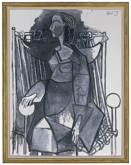 Pablo Picasso | Femme assise dans un fauteuil tressé, en gris ...