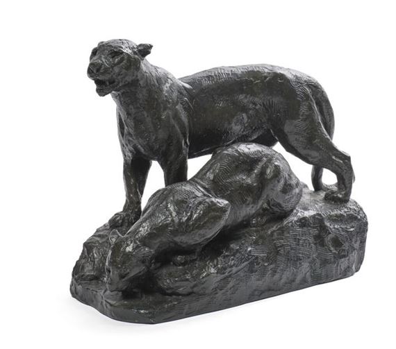 Roger Godchaux | Two lionesses at the river Bronze with a shaded slate ...