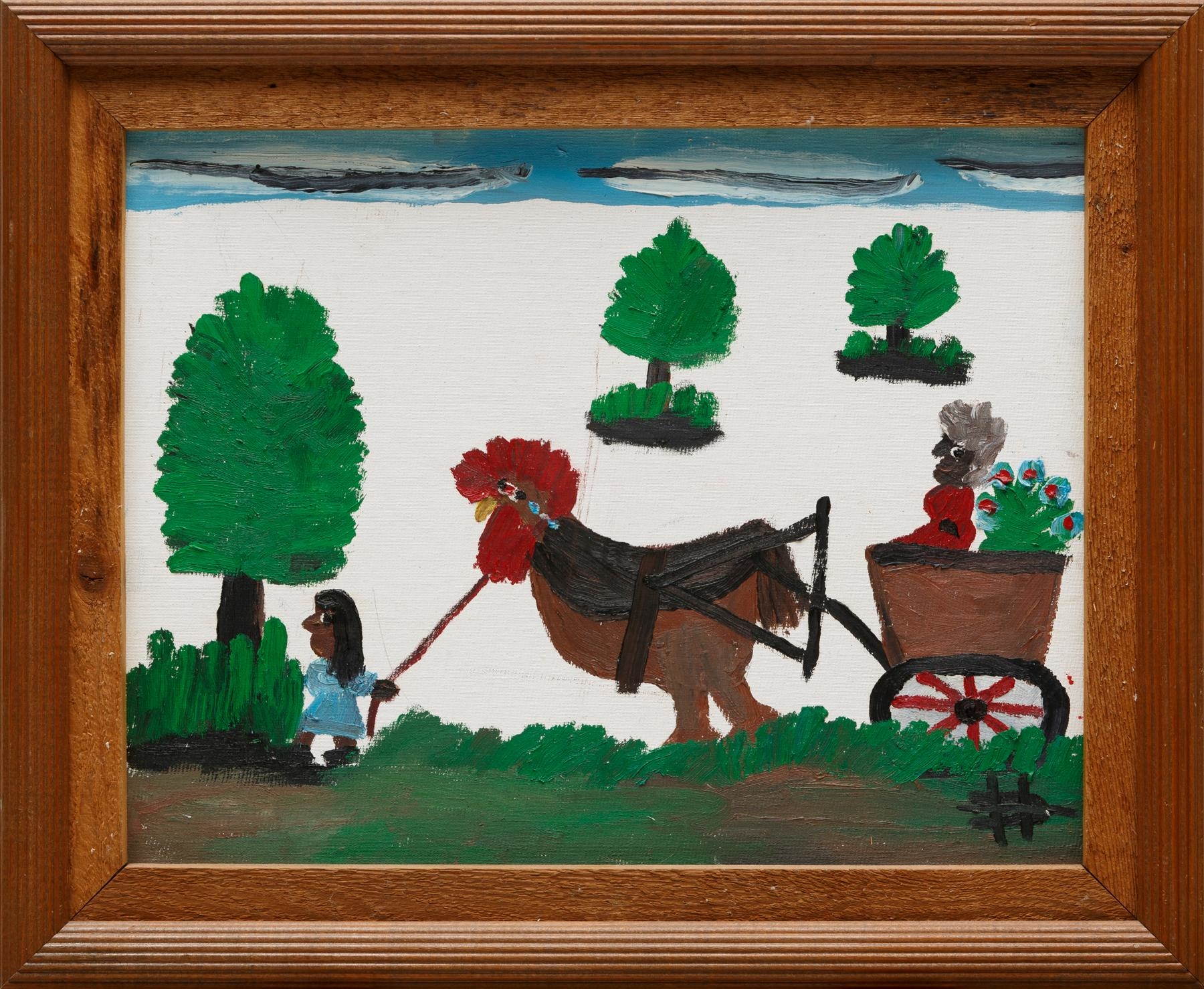 Clementine Hunter | Big Chicken Pulling a Wagon with Flowers | MutualArt