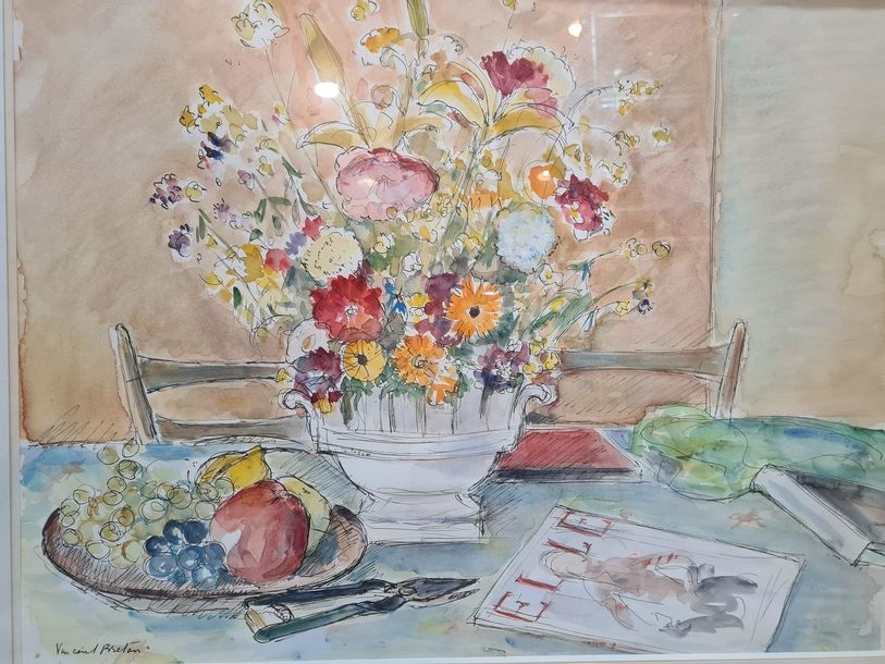 Vincent Breton | Table with fruits and bouquet Watercolor on paper ...