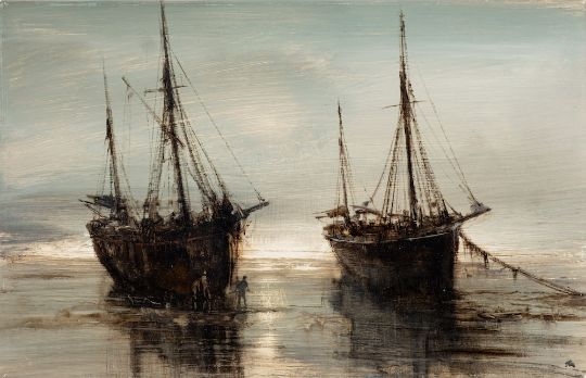 Anthony Amos | * Anthony Amos [1950-2010] Boats and fisherman at low tide, signed bottom right ...