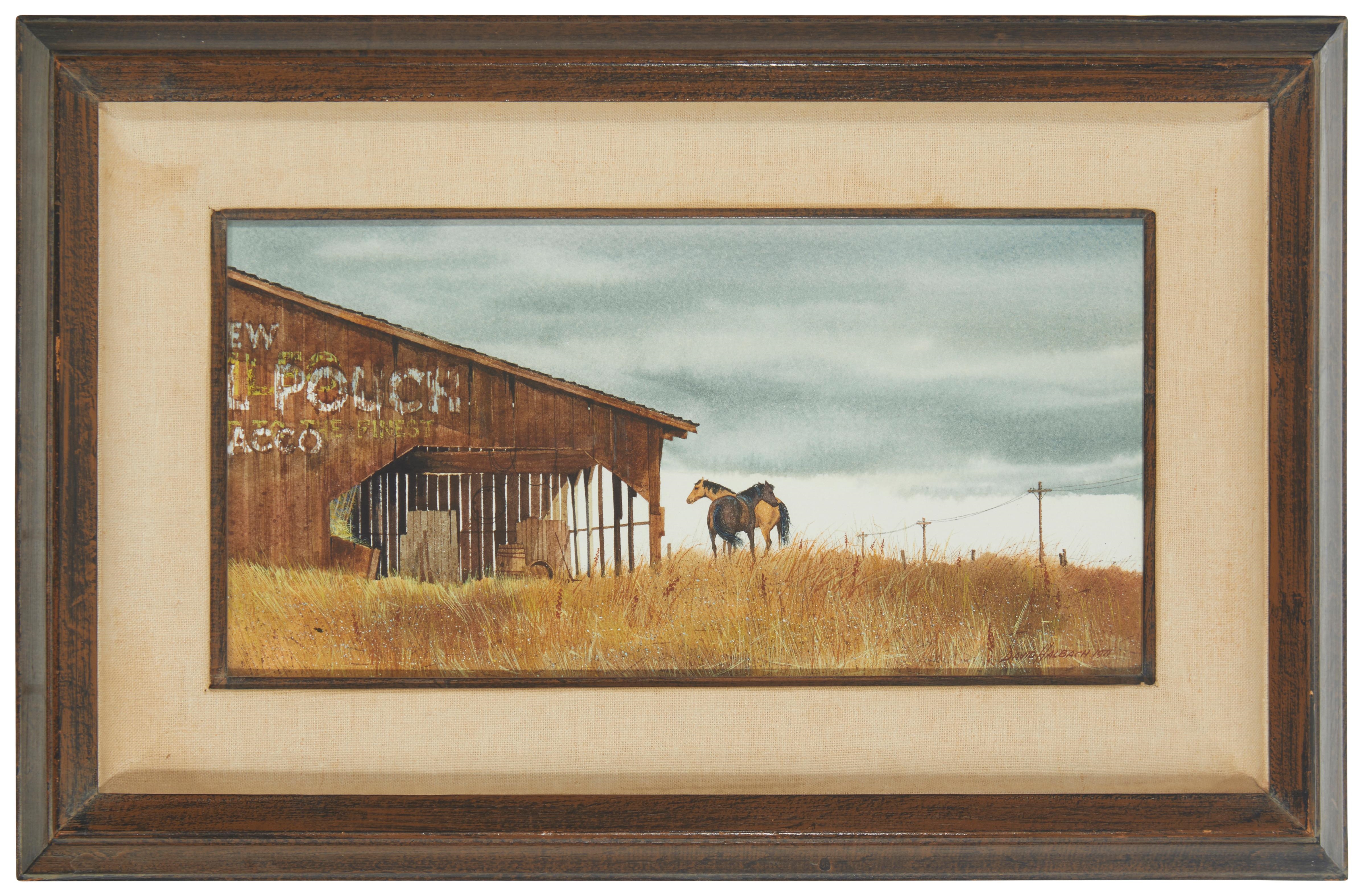 David Halbach | Horses outside a barn (1971) | MutualArt