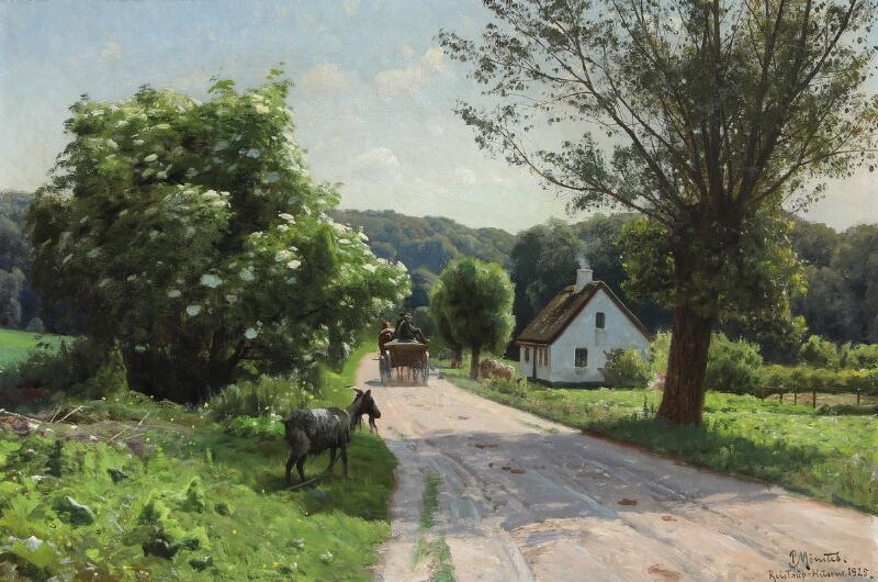 Peder Mork Monsted | A horse carriage going through a Danish summer landscape (1925) | MutualArt
