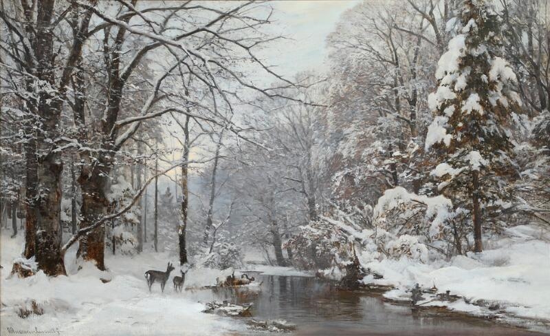 Anders Andersen-Lundby | A winterlandscape with deers by a stream ...