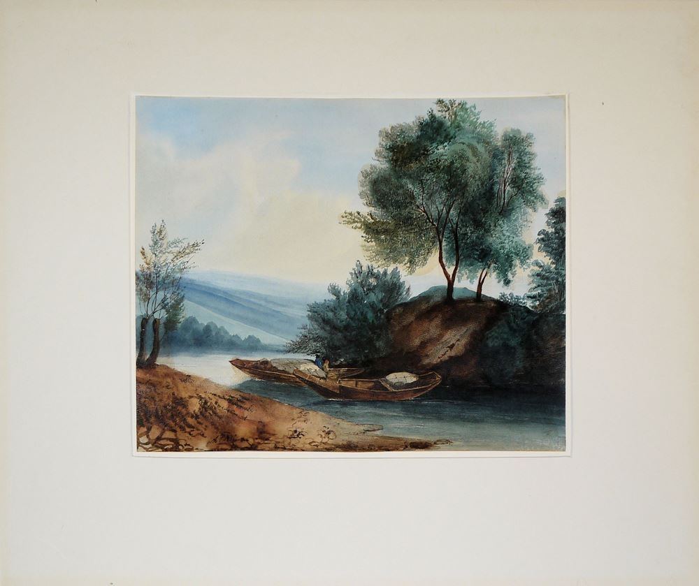 Alexandre Calame | Zwei Fischerboote auf einem ruhigen Fluss (1834 ...