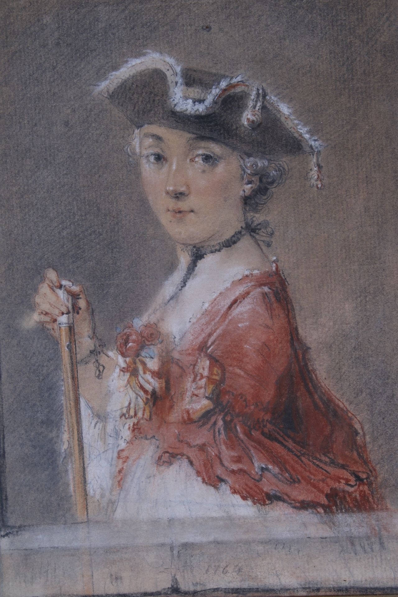 Augustin de Saint-Aubin | Portrait d’une femme à la robe rouge tenant ...
