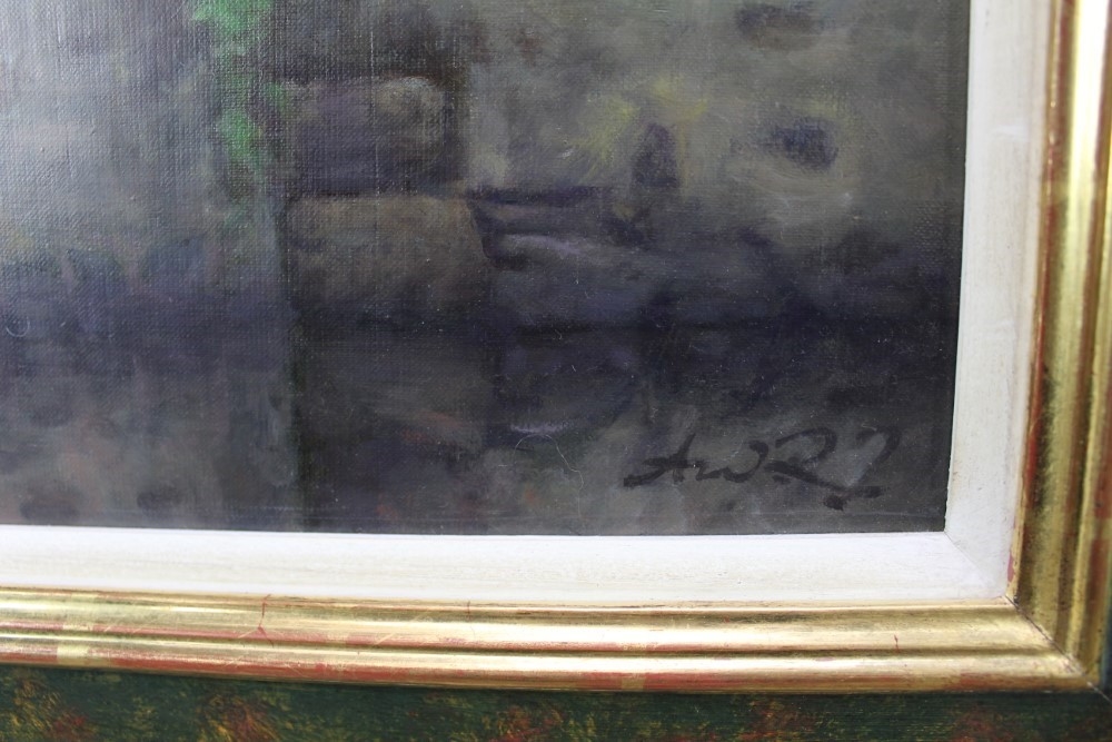 Alex Russell Flint | Madame Coutelot and cat in a farmyard at dusk ...