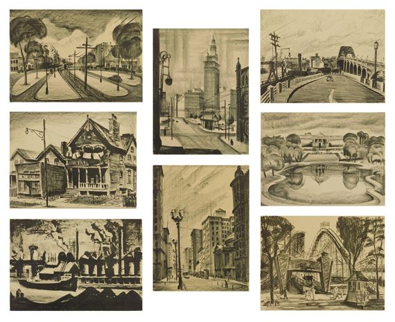 Martin Linsey | 8 Original Lithographs of Cleveland (1946) | MutualArt