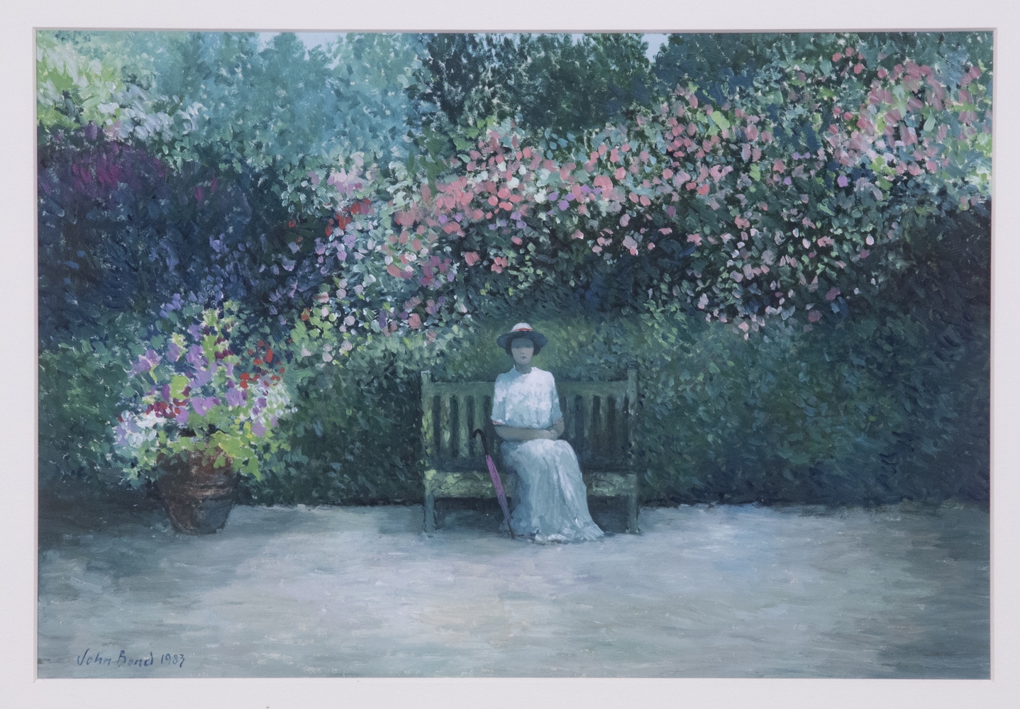 John Bond | Woman on Park Bench Under Roses (1983) | MutualArt