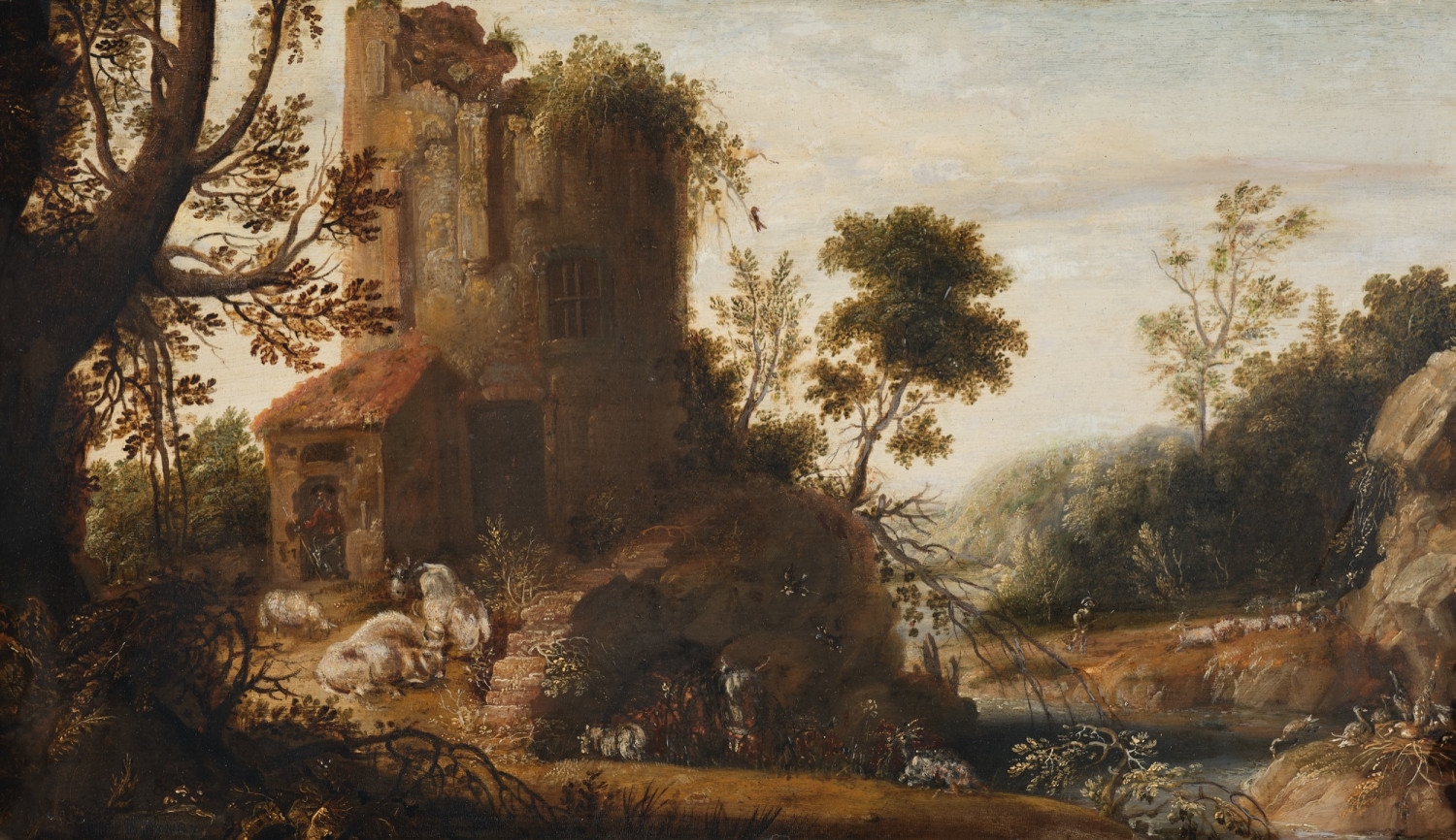 Roelant Savery | Flusslandschaft mit Hirtenszene am Fusse einer Ruine ...