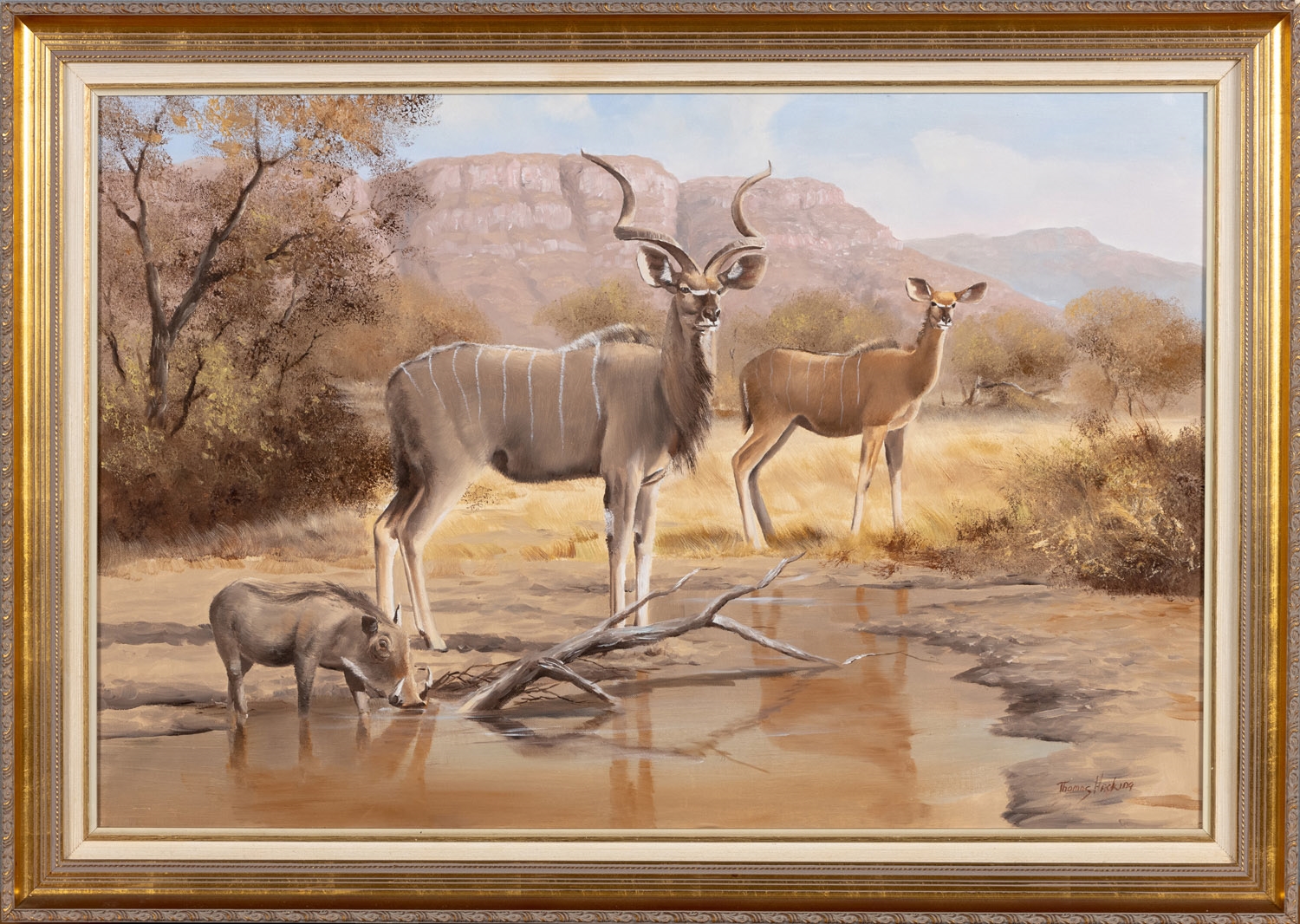 Thomas Hacking | gemsbok and warthog at drinking hole | MutualArt