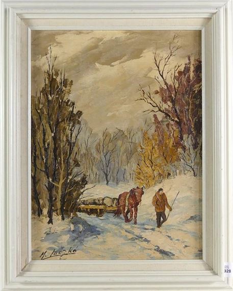 Mihaly Laczko | Oil on canvas depicting a winter scene with logger ...