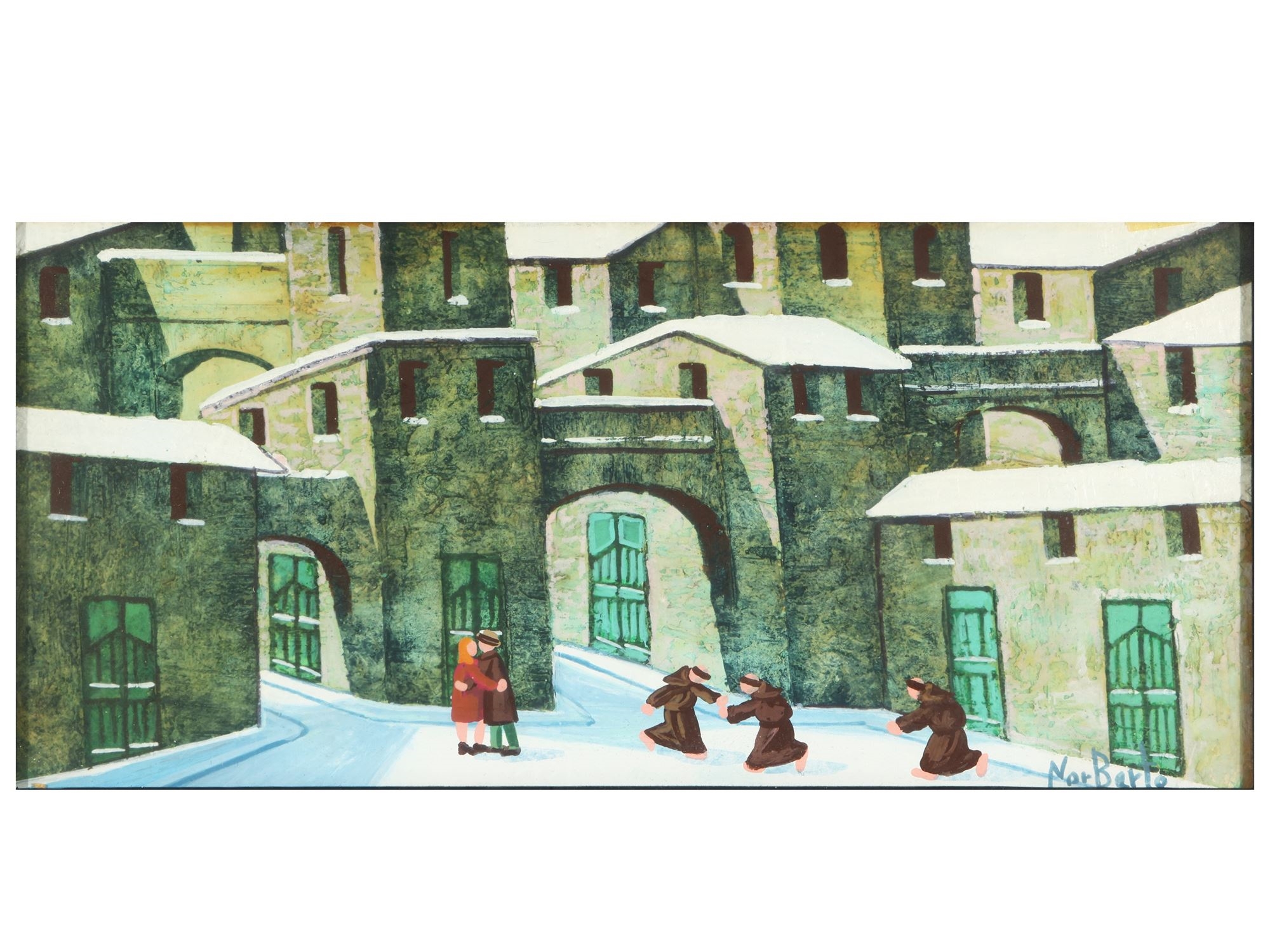 Norberto Proietti | Glimpse of a snowy square with characters | MutualArt