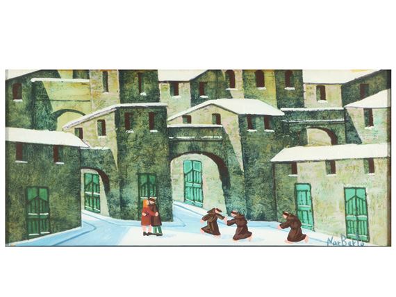 Norberto Proietti | Glimpse of a snowy square with characters | MutualArt