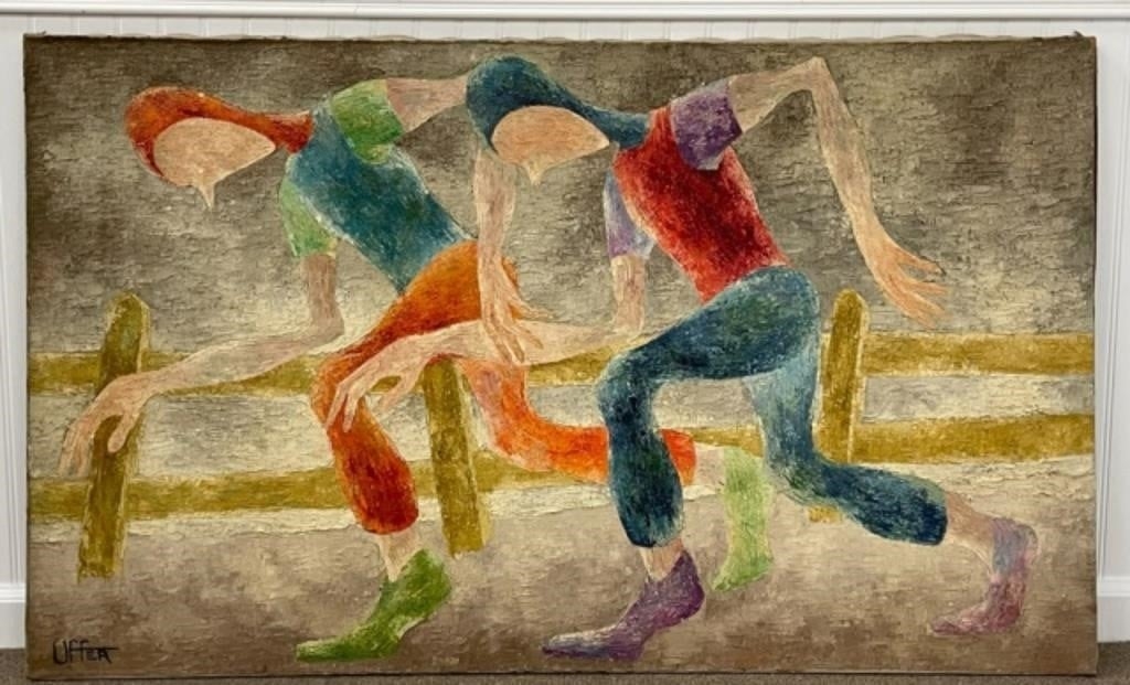 Eleanor Uffer | surrealist painting of men running (1960) | MutualArt