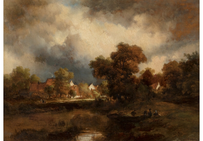 Remigius Adrianus Van Haanen | Landscape with figures by a pond | MutualArt