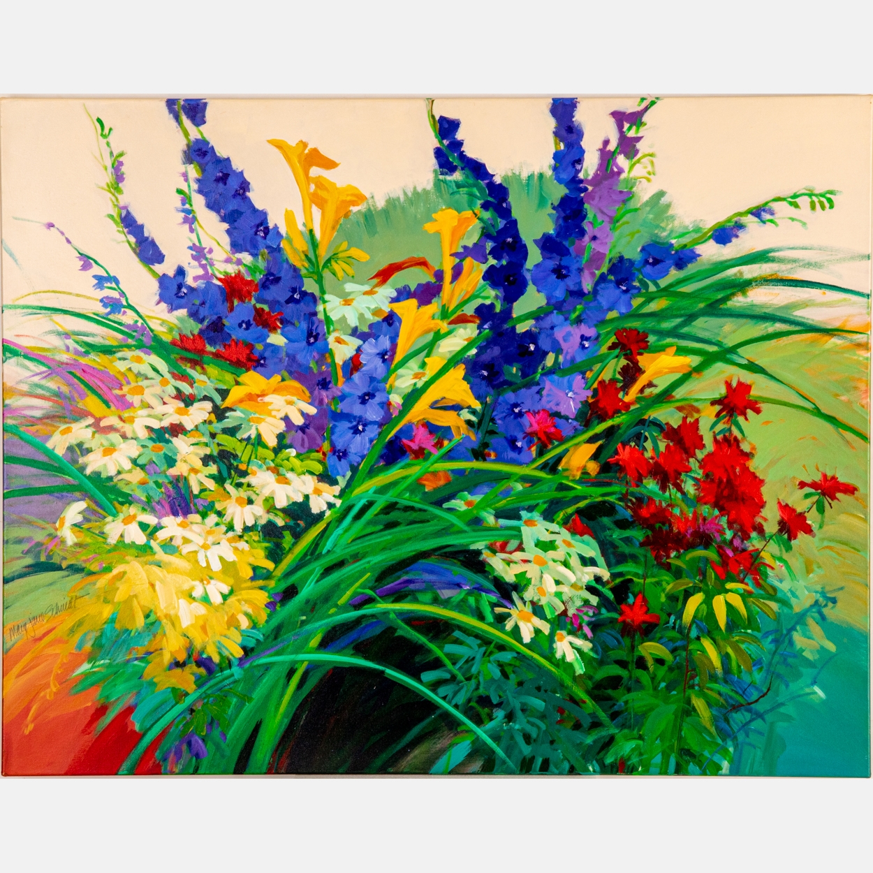 Mary Jane Schmidt | Garden Series 166-Delphinium and Daisies | MutualArt