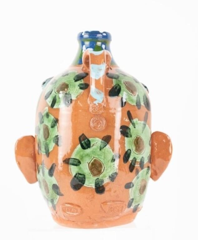 Carl Block | Folk art multi-glaze face jug having a blue face and open ...