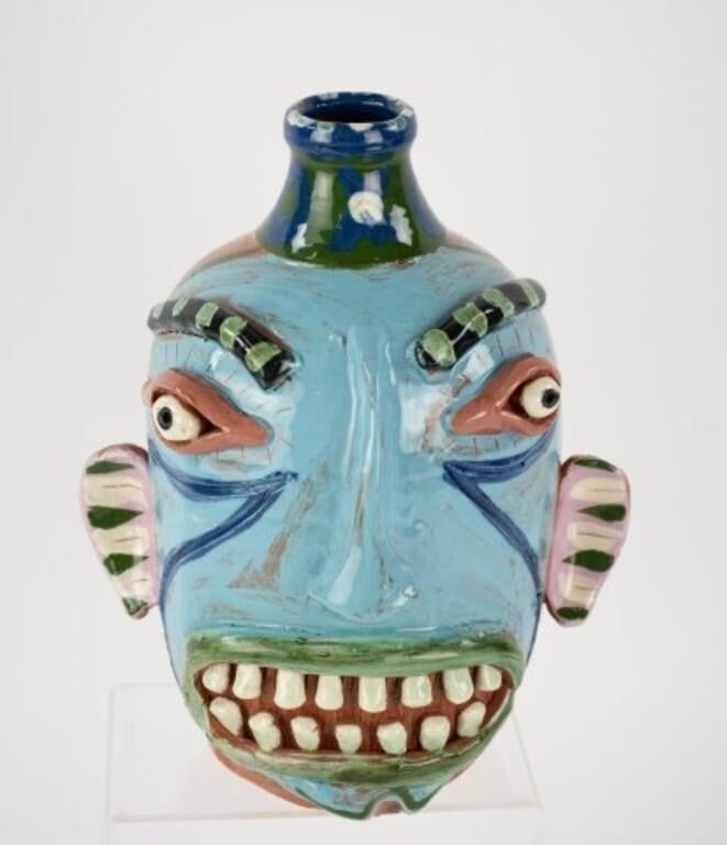 Carl Block | Folk art multi-glaze face jug having a blue face and open ...