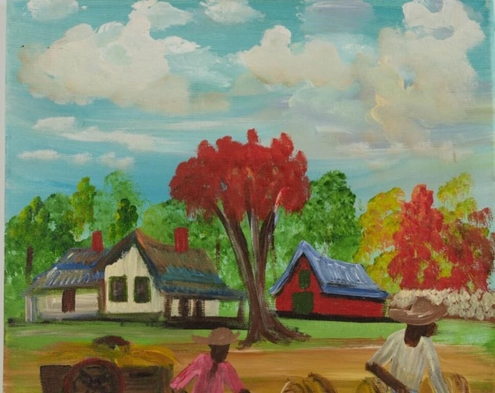 Geraldine Smith | Two figures raking and baling hay with rural ...