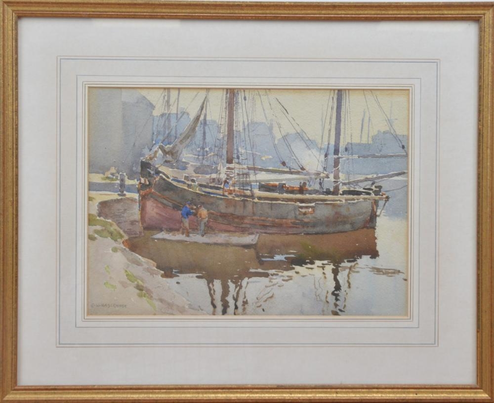 Ernest W. Haslehust | a boat in a harbour | MutualArt