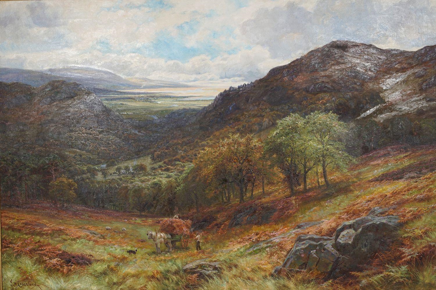 James Henry Crossland | Extensive landscape with horse and cart and ...