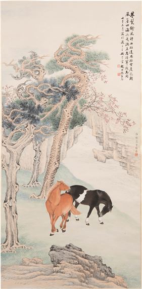 Zhao Shuru | 趙叔孺、張石園 松下雙馬圖立軸 A Chinese painting of two horses | MutualArt