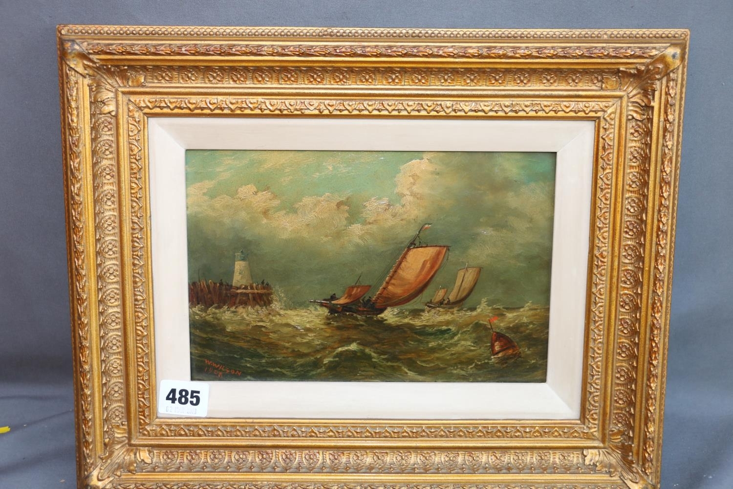 W. Wilson | ships on rough seas by a lighthouse (1905) | MutualArt