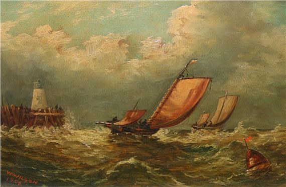 W. Wilson | ships on rough seas by a lighthouse (1905) | MutualArt