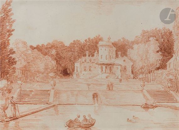 Hubert Robert | A boat ride on a piece of water in front of a pavilion ...