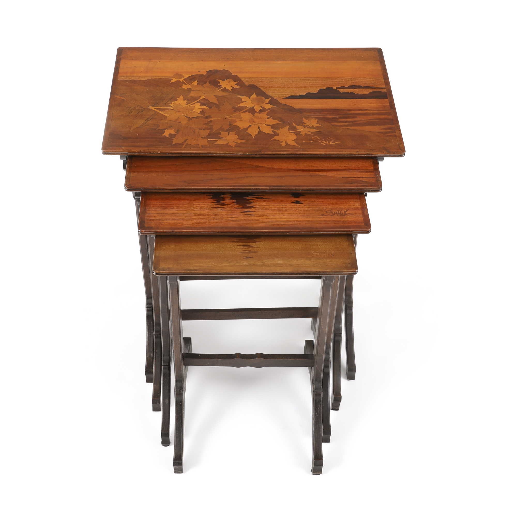 Emile Gallé | SCENERY MARQUETRY 4 TIER NESTING TABLE | MutualArt
