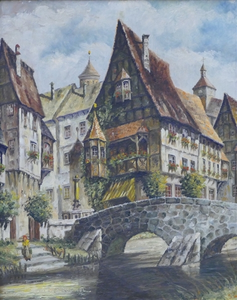 Klaus Rochel | Stadtansicht mit Fachwerkhäusern und Brücke | MutualArt