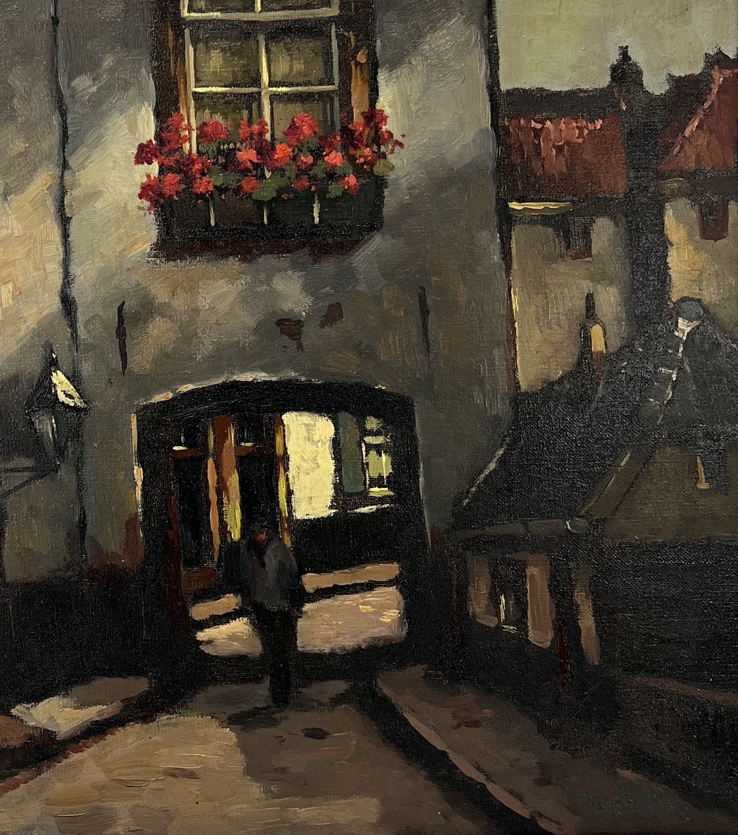 L. Hartman | een stadsgezicht met poort en wandelende man. | MutualArt