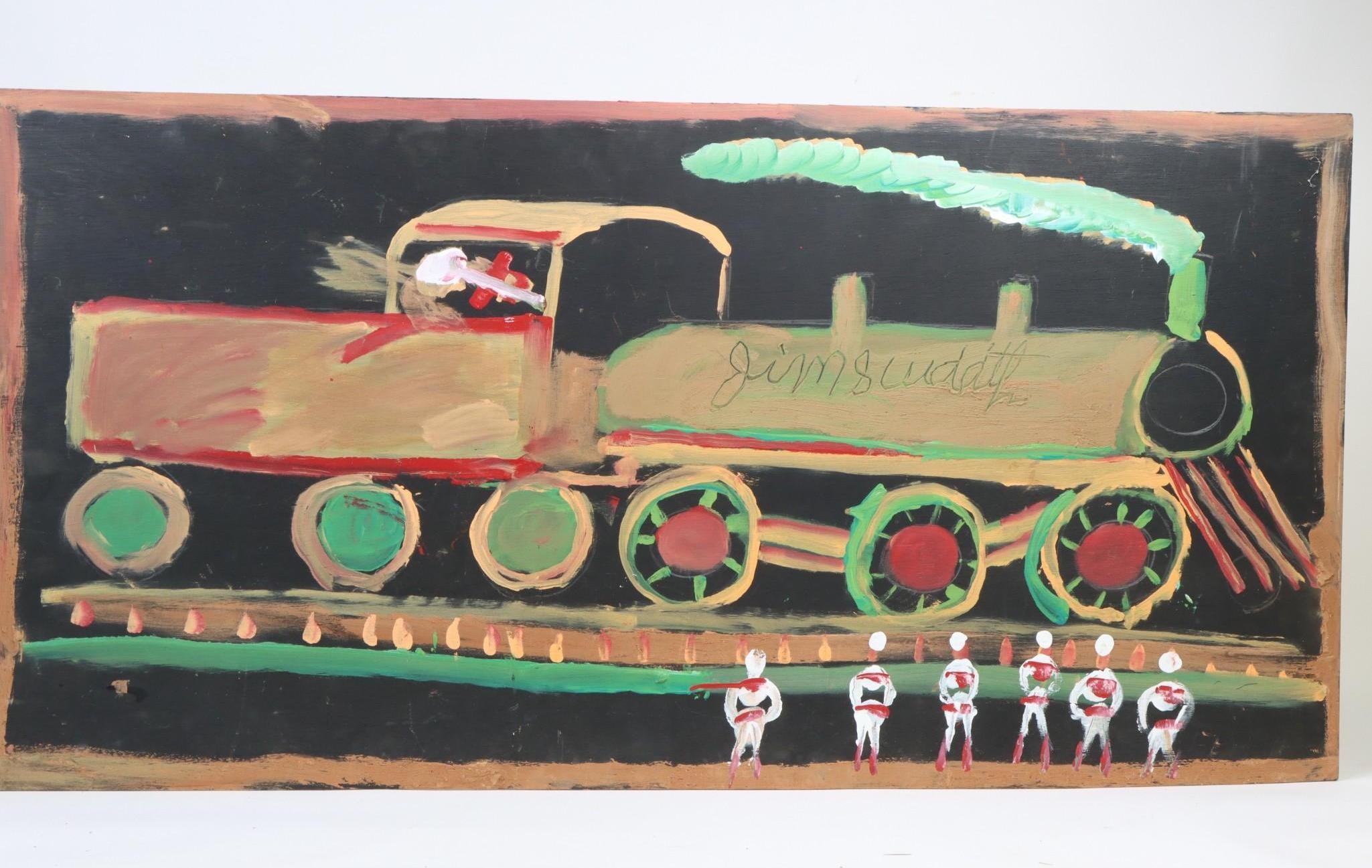 Jimmie Lee Sudduth | Outsider Art painting of train with figures ...