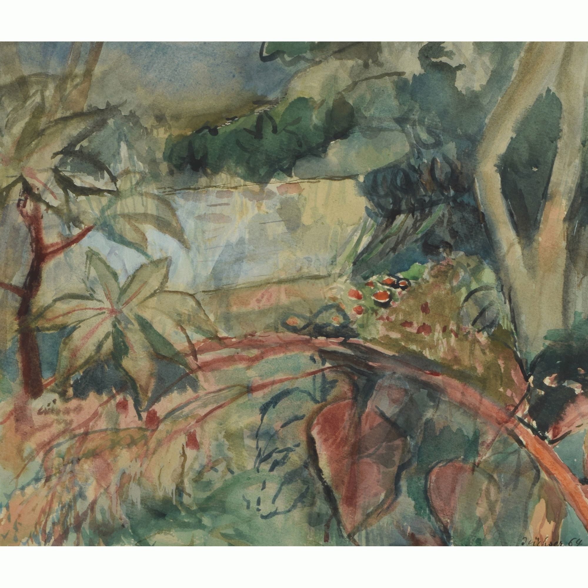 Hans Jüchser | Blick in einen GARTEN mit Teich (1964) | MutualArt