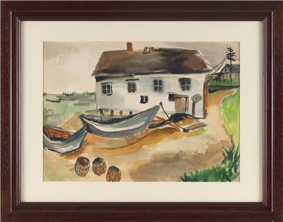 Judith Shahn | Coastal landscape with a fishing shack and boats ...