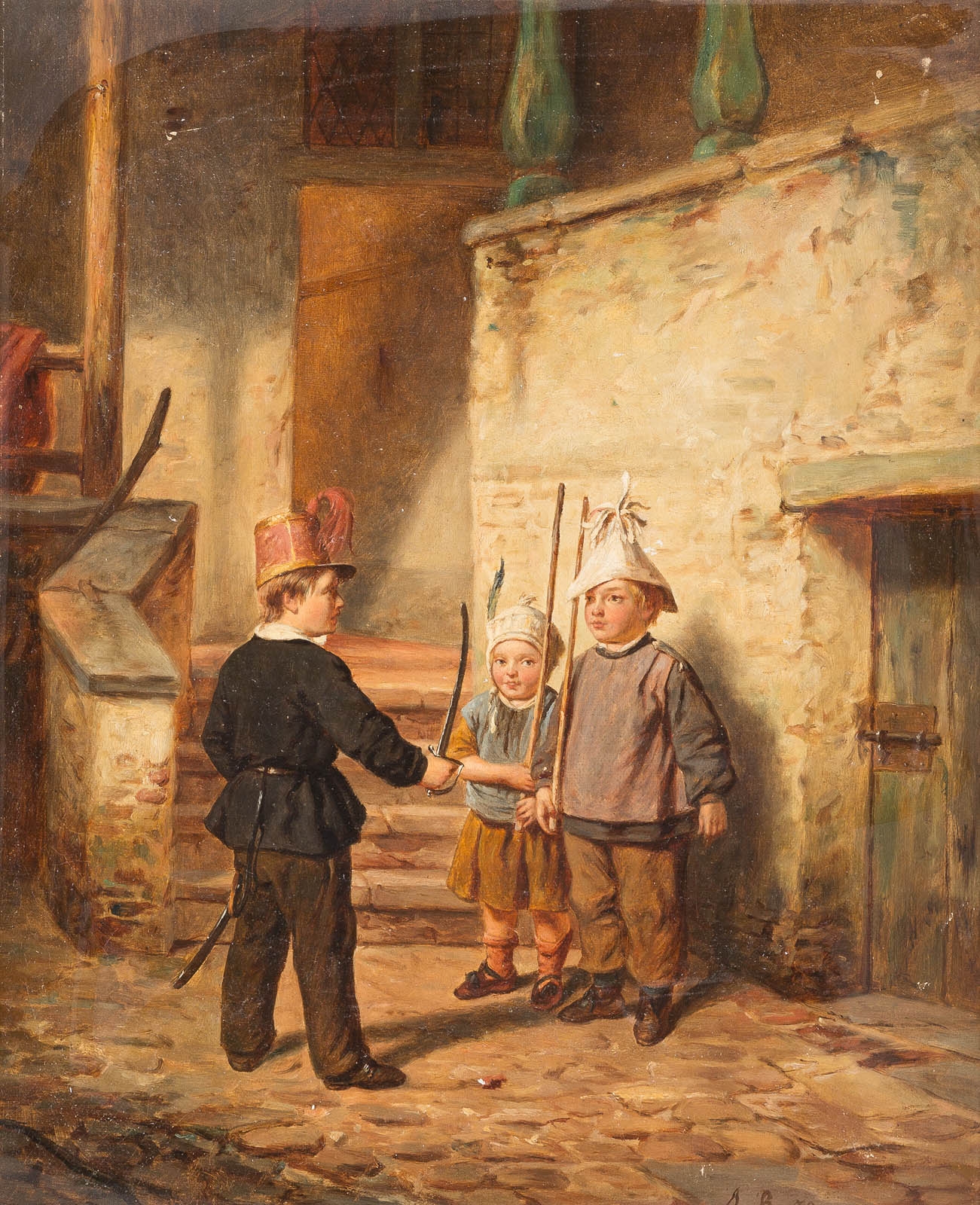Auguste Bachelin | Children playing soldiers (1859) | MutualArt