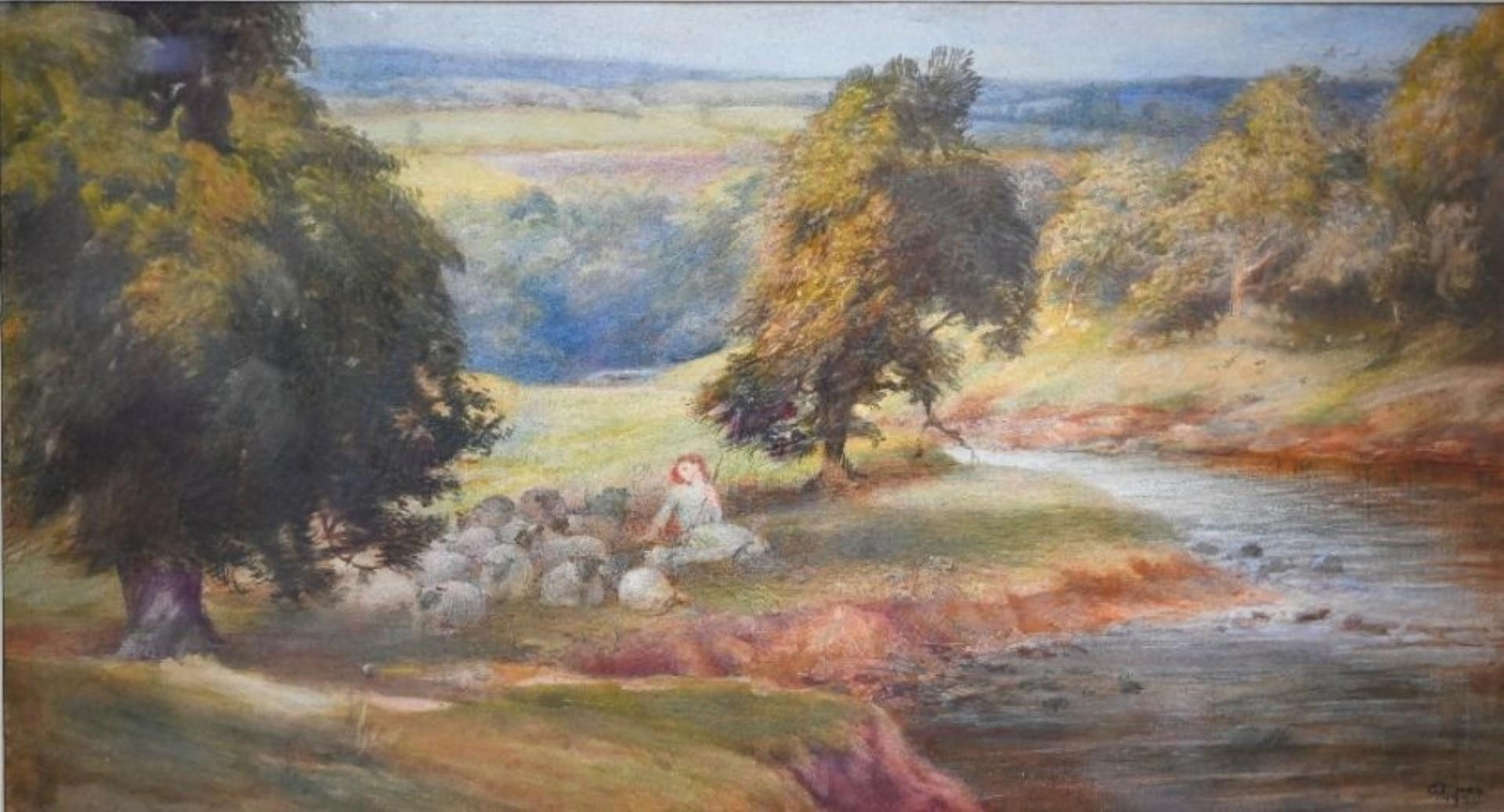 George O. Owen | Sheep and shepherdess by river bank (1920) | MutualArt