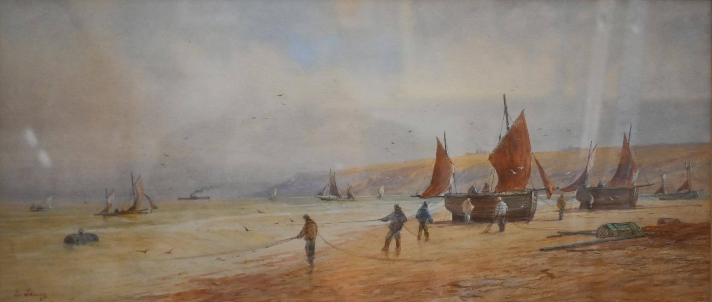 L. Lewis | Fisherman on foreshore bringing in nets | MutualArt