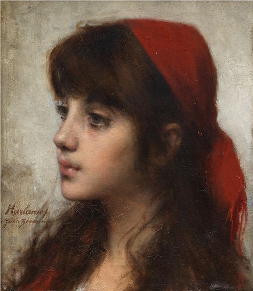 Alexej Harlamoff | Young beauty in a scarlet shawl | MutualArt