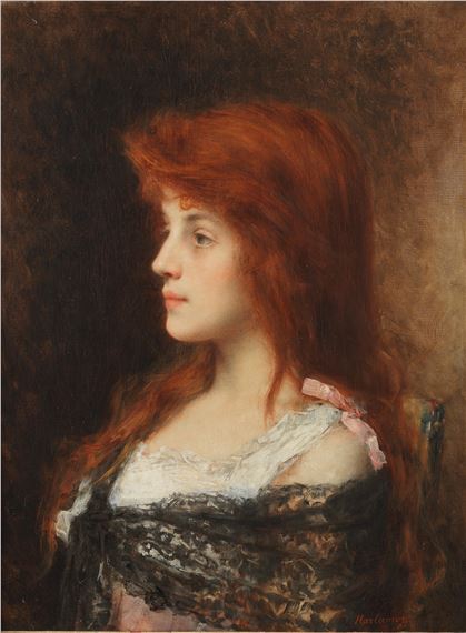 Alexej Harlamoff | Portrait of a girl in a black lace shawl | MutualArt