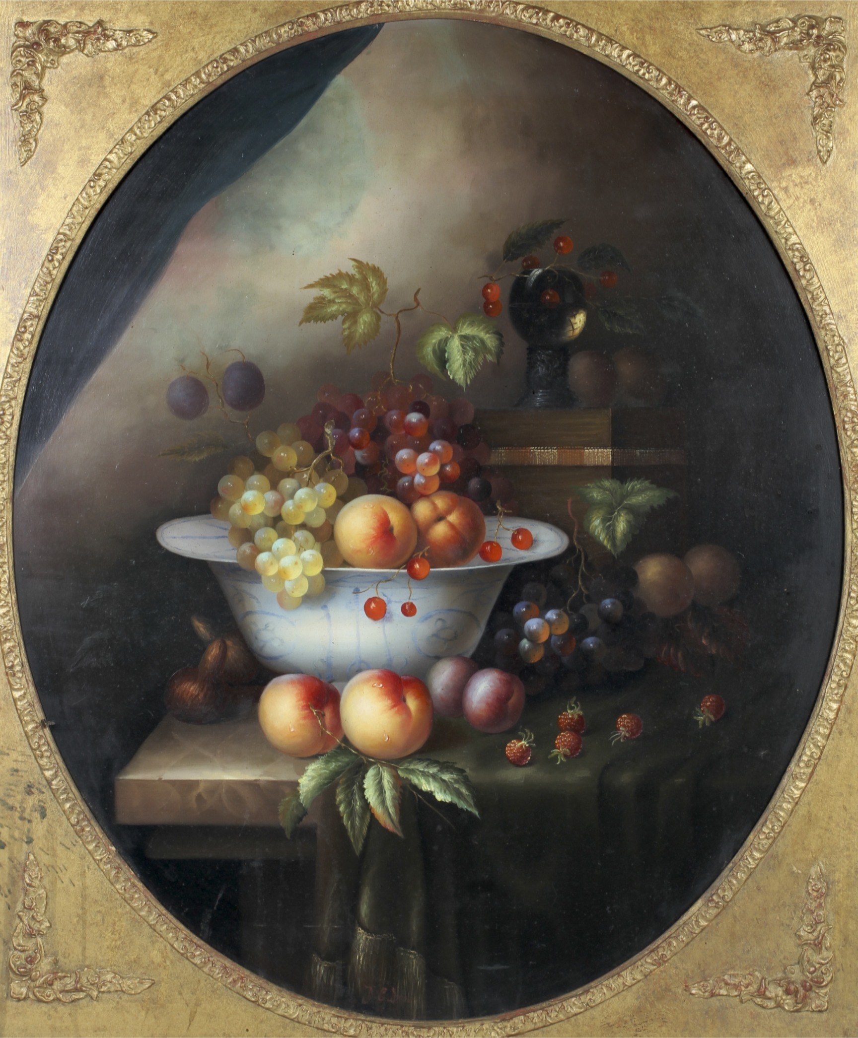 J. Gabriel | A still life with a fruitbowl on a marbled table top ...