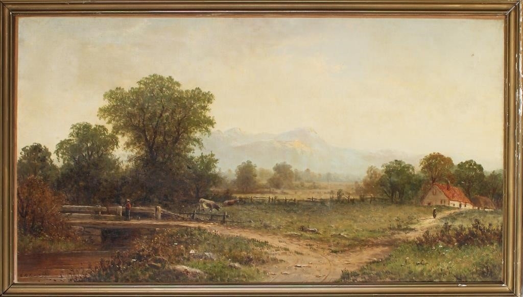 Charles W. Knapp | Rural Figural Landscape with Bridge and Mountains ...