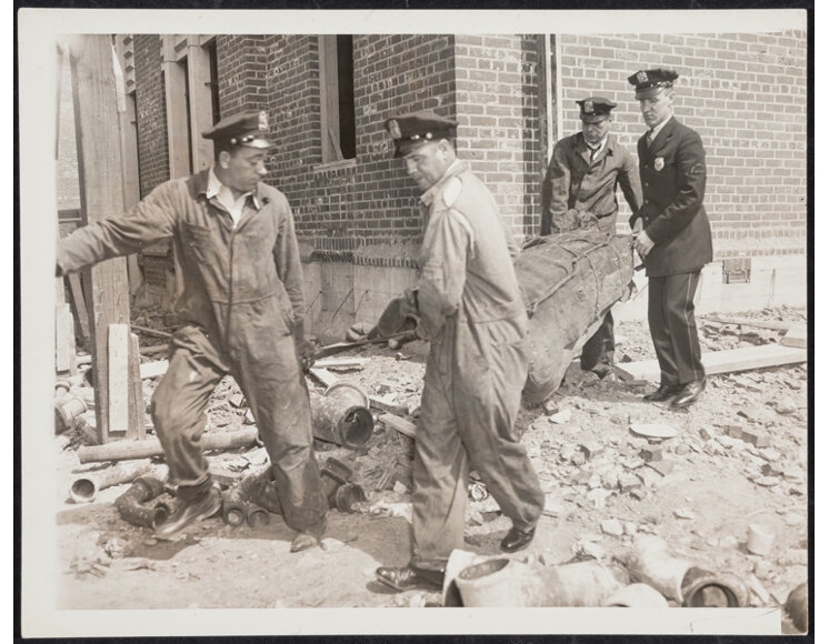 Weegee | Dead man is removed after scaffold collapsed. (1940s) | MutualArt
