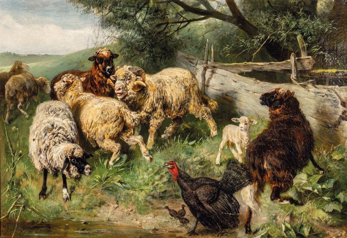 Max Ludwig Lebling | turkey with chick keep sheep of the trough | MutualArt