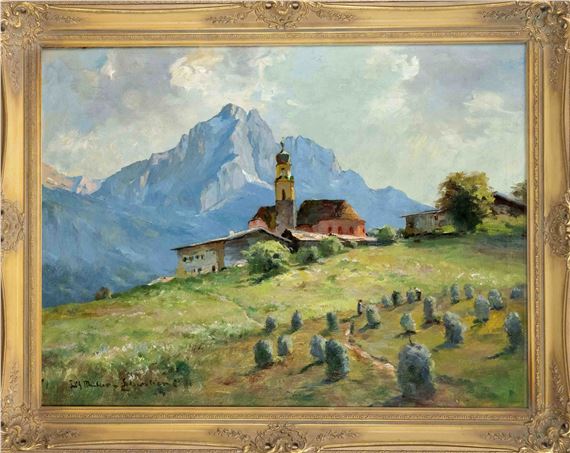 Fritz Müller-Schwaben | Alpine Idyll with Village Church and Farmers in ...