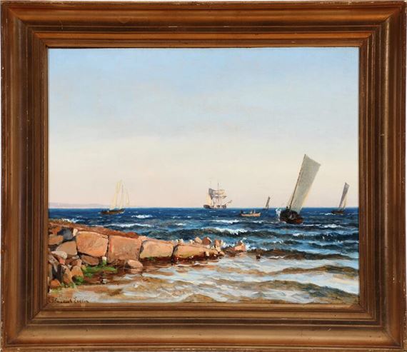 Emanuel Larsen | Seascape with sailing ships near the coast | MutualArt