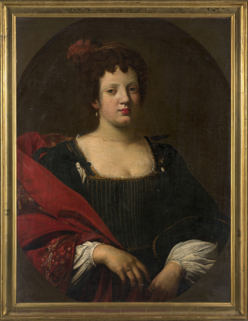 Simon Vouet | Portrait de femme au drapé rouge, dans un ovale feint ...